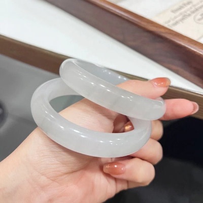 天然真玉水墨丹青手镯女款白月光玉镯宽胎礼盒装飘花款