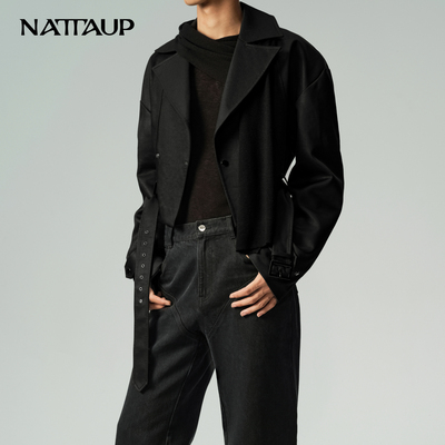 NATTA UPNATTAUP F系列黑色短风衣拼网腰带多结构设计感
