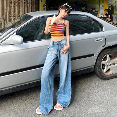 弄格2025春季新款美式复古水洗宽松直筒牛仔裤女百搭垂感阔腿裤子