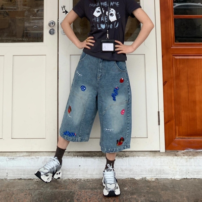 美式复古刺绣卡通小狗牛仔短裤