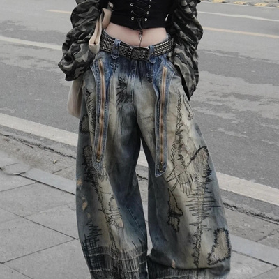 复古乱针刺绣污渍牛仔裤女