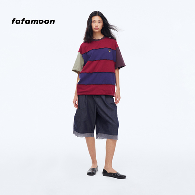 【2026早秋新品】fafamoon设计师品牌反缝撞色拼接oversizeT恤