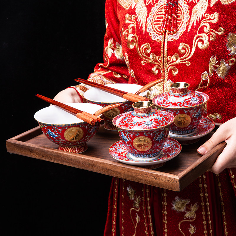 结婚敬茶杯喜碗套装金喜珐琅彩改口茶女方陪嫁物品送闺.蜜结婚礼