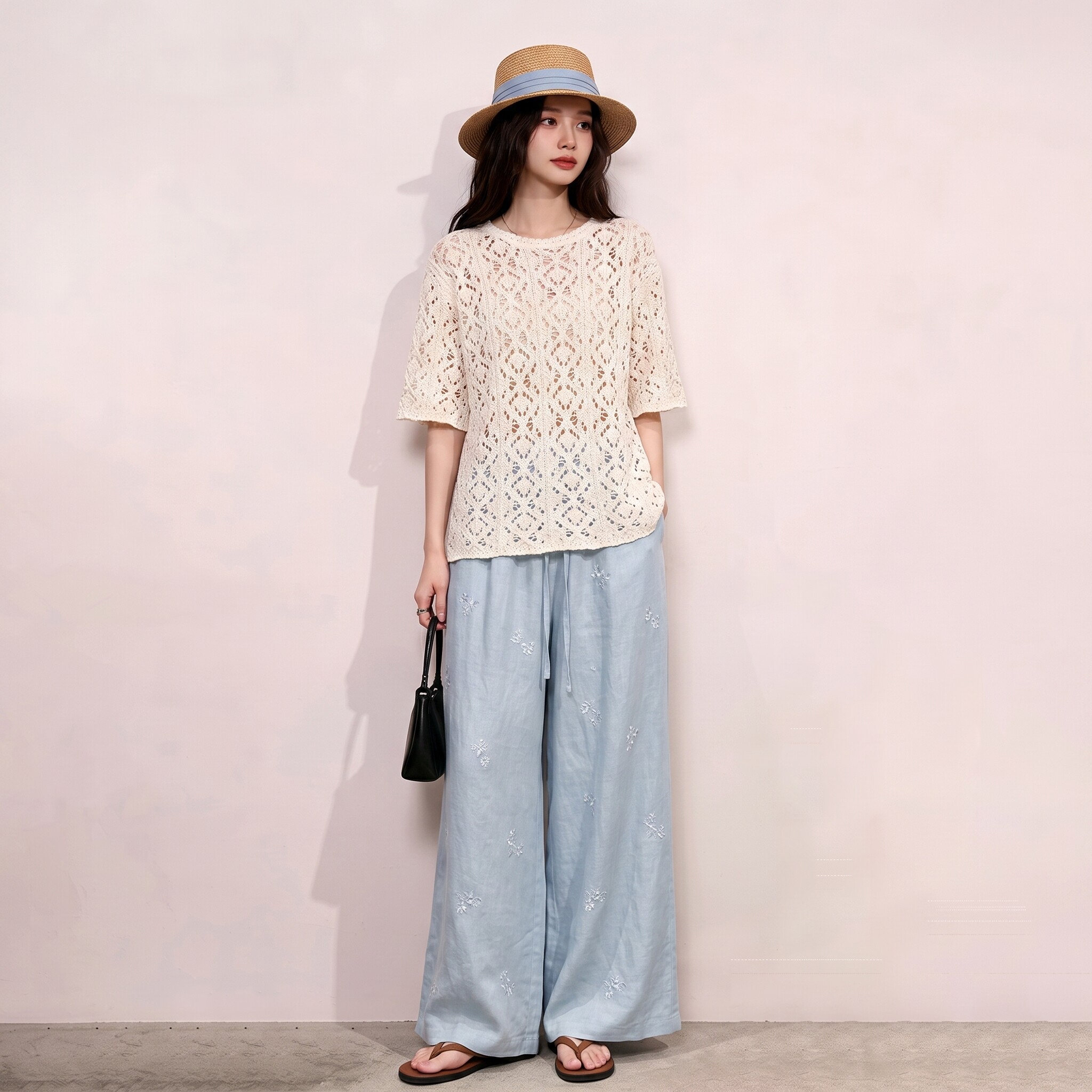 夏日巨好看的套装钩花镂空五分袖上衣阔腿裤女夏季可盐可甜两件套