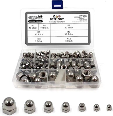 165粒组合套装DIN1587盖形螺母304不锈钢高型六角盖螺母饰品螺帽