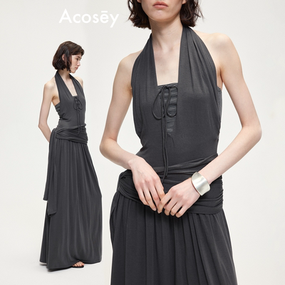 ACOSEY 原创设计天丝绵羊毛挂脖绑带设计条纹拼接垂感连衣裙