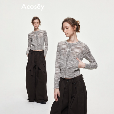 ACOSEY 绵羊毛混纺圆领混色条纹修身短款纽扣针织开衫