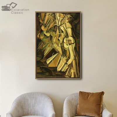 复古客厅沙发背景墙装饰画下楼梯的女人画杜尚裸女卡联社世界名画