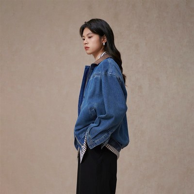 偶得拼皮领牛仔复古夹克 定染质感挺括有型 男女款休闲廓形外套