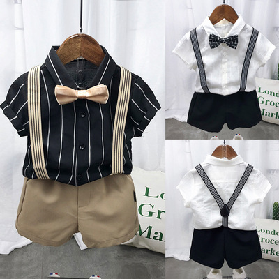 儿童夏装短袖衬衫套装男童花童主持人走秀演出服气背带裤两件套潮