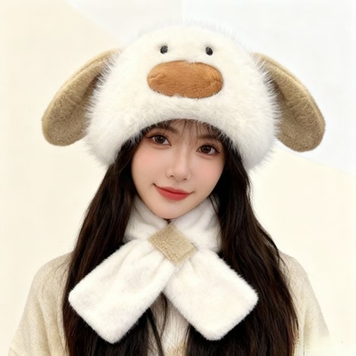 可爱小狗毛绒帽子女围巾手套一体冬季新款加绒加厚保暖护耳雷锋帽