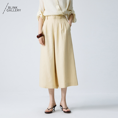 BLINK/日本和纸麻轻量七分阔腿裤宽松高腰米色休闲裤折纸裤