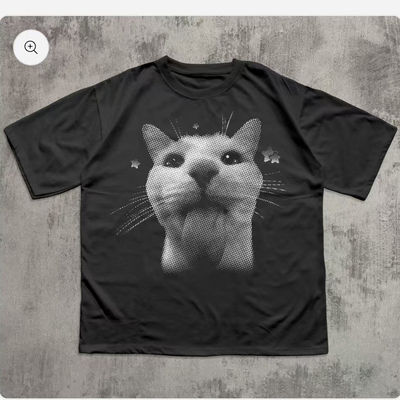 Y2K RETRO FREAKY CAT MEME T-SHIRT猫趣味休闲短袖T恤男2026夏潮