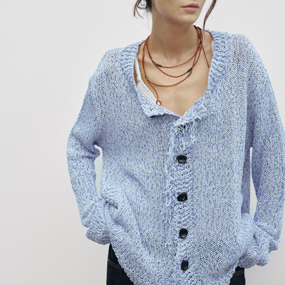 vodka elves 雾蓝花边流苏花纱开衫毛衣