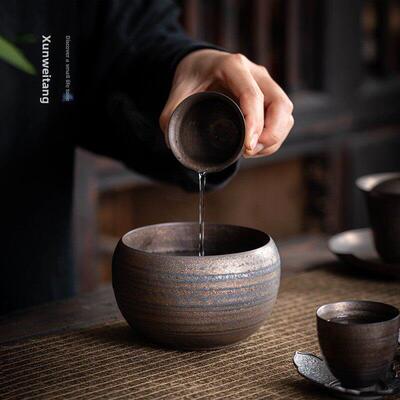 青铜釉粗陶建水桶覆古小茶洗镀金铁釉茶碗杯洗陶瓷干冲泡功夫茶具