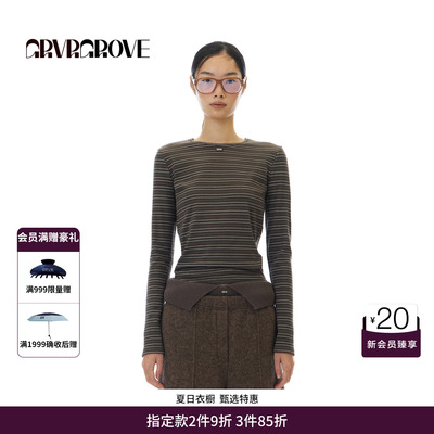 GRVR GROVE官方旗舰店 2025WT冬季款长袖圆领T恤条纹女 GCW5TS02
