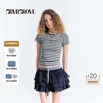 GROVE官方旗舰店2025夏日款女条纹短袖t恤圆领上衣修身GM5TS10M