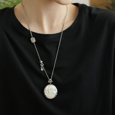 S925银白贝绿度母吊坠仅吊坠新中式国风小众设计项坠 M7027