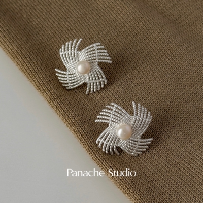 PANACHE 风絮藏 哑光银色线条珍珠耳环 小众设计高级感气质耳钉女