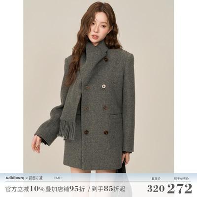 一颗小野莓韩版气质设计感围巾领双排扣中长版毛呢外套大衣女秋冬