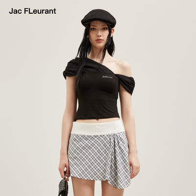 JAC FLEURANT2026夏季新款网纱拼接黑色法式上衣女士斜领短袖T恤