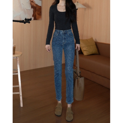 QiQi【赫本蓝】新款春季九分烟管牛仔裤休闲显瘦弹力小直筒百搭