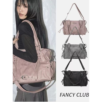 韩国品牌FANCY CLUB大容量复古fancyclub托特包铆钉绑带机车包女