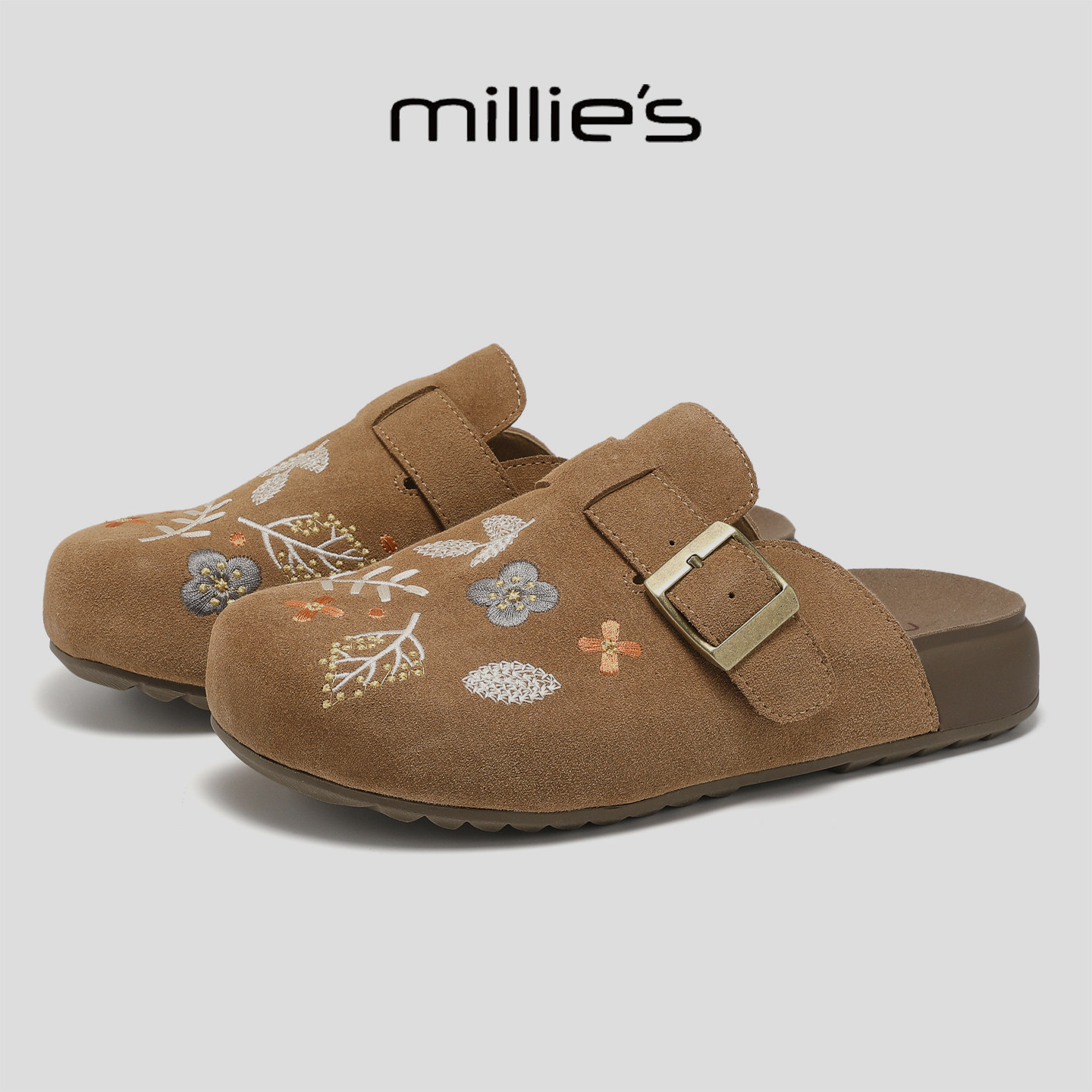 MILLIE'S/妙丽复古巨好看刺绣勃肯鞋女包头外穿懒人鞋舒适软木鞋