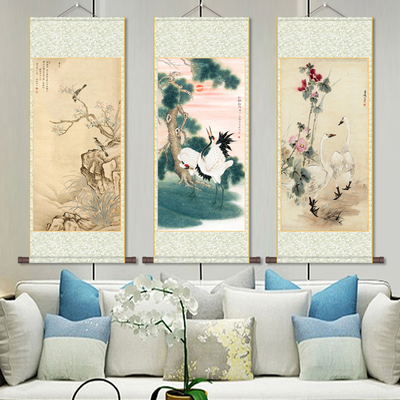 极速名家花鸟画松鹤朝阳 前程似锦 梅竹双清荷花图丝绸画卷轴画装