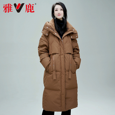 雅鹿羽绒服女2025年冬季新款韩系温柔连帽加厚中长款白鸭绒外套