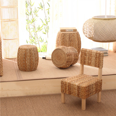 草编坐凳榻榻米藤编圆墩矮凳靠背座椅时尚创意圆凳实木家用小坐墩