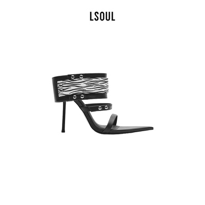 LSOUL 2025新款复古铆钉尖头露趾气质细跟凉鞋女时尚性感高跟鞋