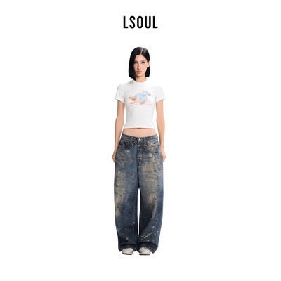 LSOUL2025秋冬新款时尚高级感小猫印花修身短款圆领百搭T恤QIQI