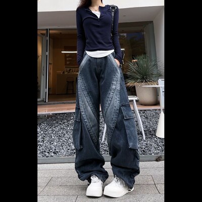 【现货】61131重工裁片2025年春季新款宽松直筒渐变显瘦工装裤女