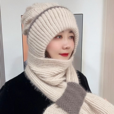 帽子围巾一体风雪帽纯手工编织毛线帽女款连体帽护耳加厚防寒保暖