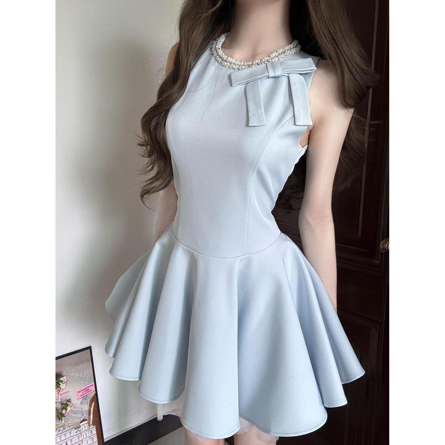 法式气质千金风蓝色无袖背心收腰连衣裙女夏季新款显瘦礼服裙
