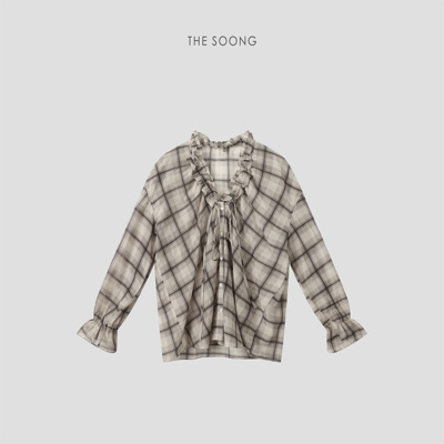 THESOONG/渐色格纹 桑蚕丝棉柔软木耳领格子衬衫