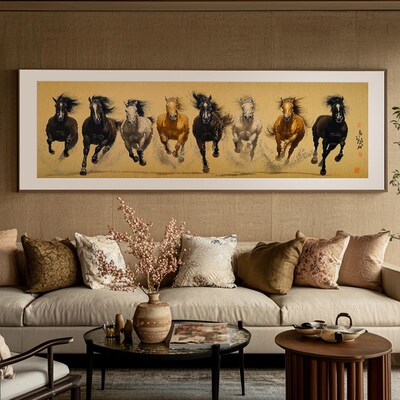 马到功成办公室装饰画中式客厅沙发背景墙八骏图挂画八马图国画