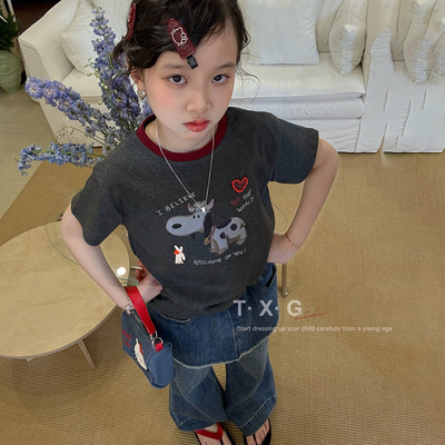 波拉实体店儿童装夏季款女孩女童中大童青少年短袖T恤亲子装上衣