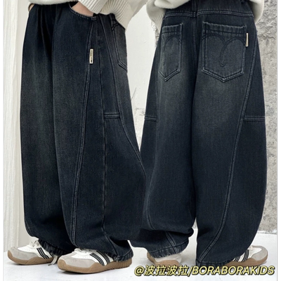 实体店儿童装波拉秋冬男女童中大阔腿裤加厚保暖青少年加绒牛仔裤