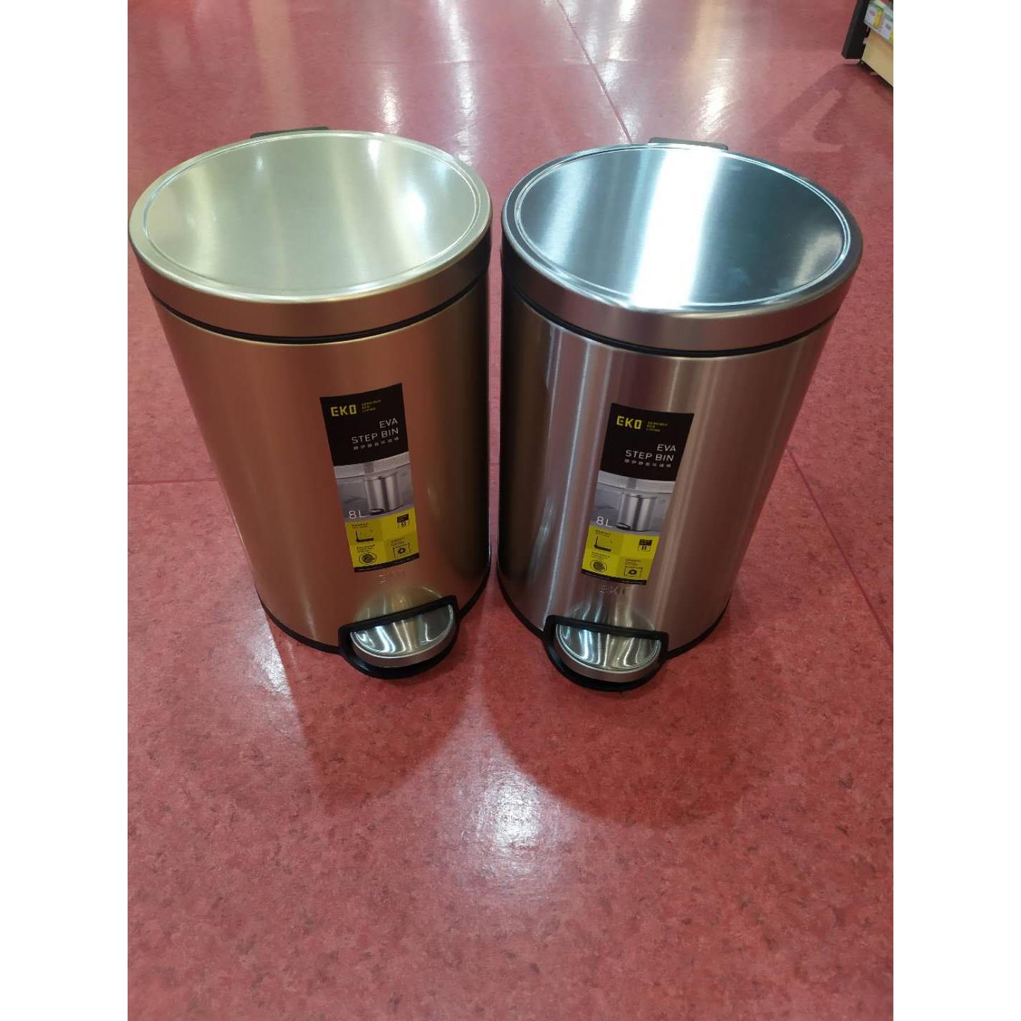 EKO 8L圆形脚踏静音垃圾桶不锈钢家用圆形垃圾桶卫生间脚踏式厨房