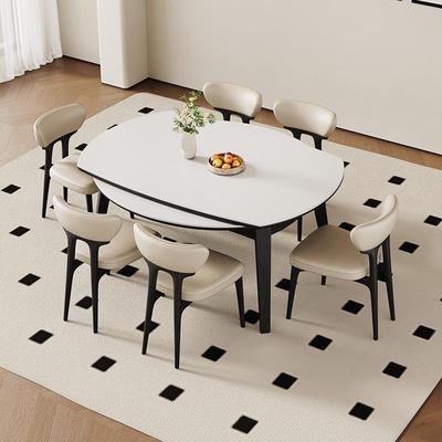 法式岩板餐桌椅27282组合黑现代简约木家用圆色形实小户型可伸缩