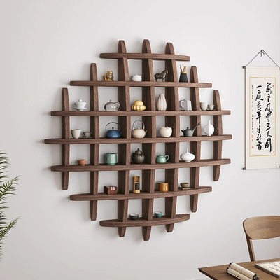 实木中式挂墙茶杯架壁挂式博古架墙上多宝阁格子置物架摆件展示架