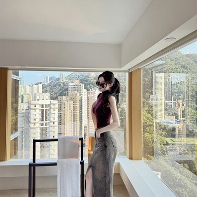 lovingu酒红无袖针织上衣牛仔半身裙两件套女秋季新款时尚套装