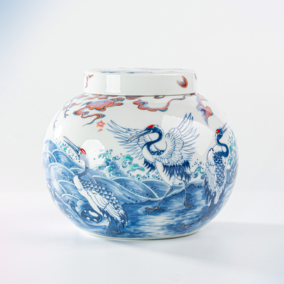 六逸堂丨青花斗彩海鹤遐龄茶叶罐景德镇高档纯手工手绘茶具lyt594