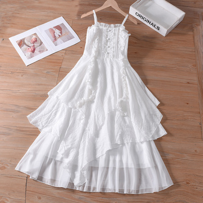 法式洋气在逃公主长裙女夏季甜美不规则吊带度假白色设计感连衣裙