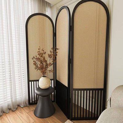 法式实户木移藤编屏风隔断客厅家玄用入遮挡民宿酒店可ATZ折叠动