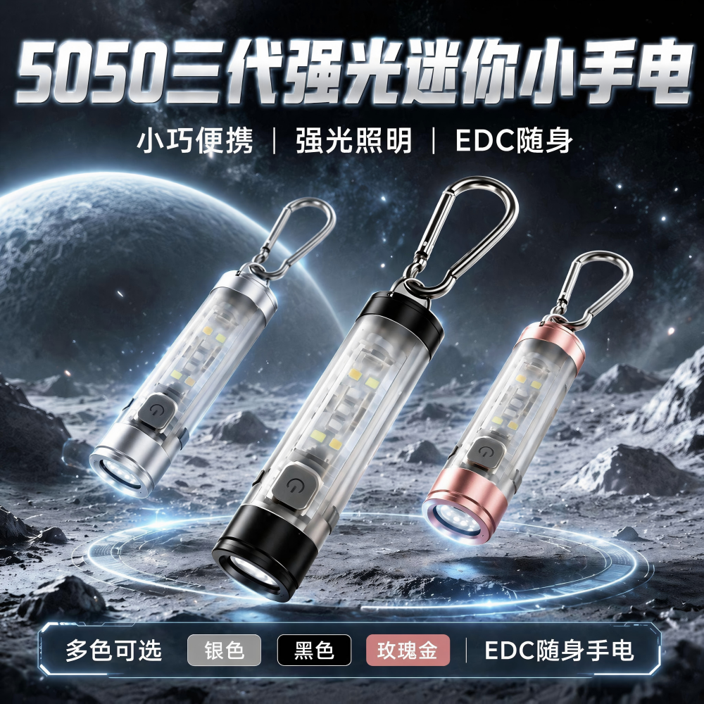 2026款5050三代红蓝闪UV紫光长续航迷你钥匙扣多功能露营应急强光