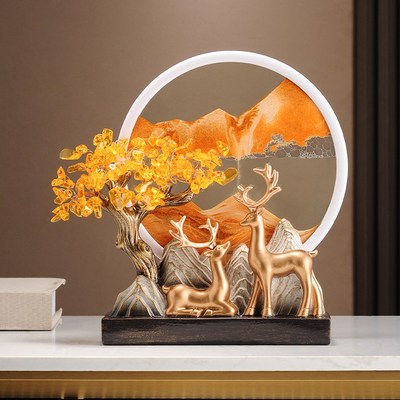 黄水晶发财树福鹿流沙画摆件客厅玄关装饰办公室乔迁开业礼物招财