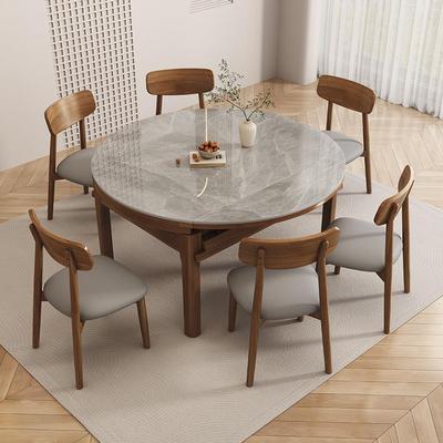 中古风岩板伸缩实木32213餐现桌代简家用吃饭约可桌变圆折叠电磁